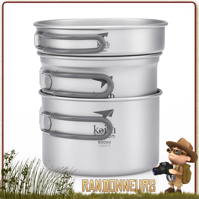 Set Popote Titane 3 Pieces Keith Pot avec poele de randonnée légère